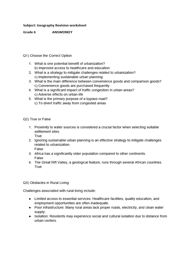 Grade 6 - Geo - Revision Worksheet ANSWERKEY PDF | PDF | Urbanization | Conservation Biology