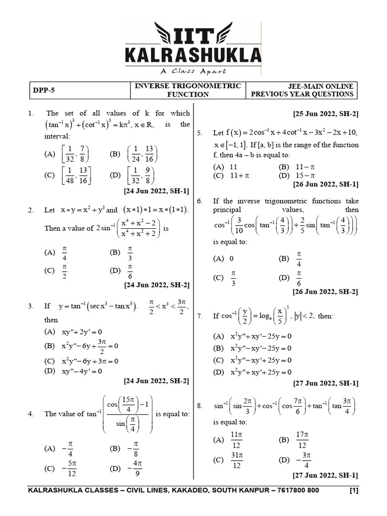 DPP-5 (-ITF) From JEE MAIN Online (2024-25) | PDF | Trigonometric Functions | Mathematical Relations