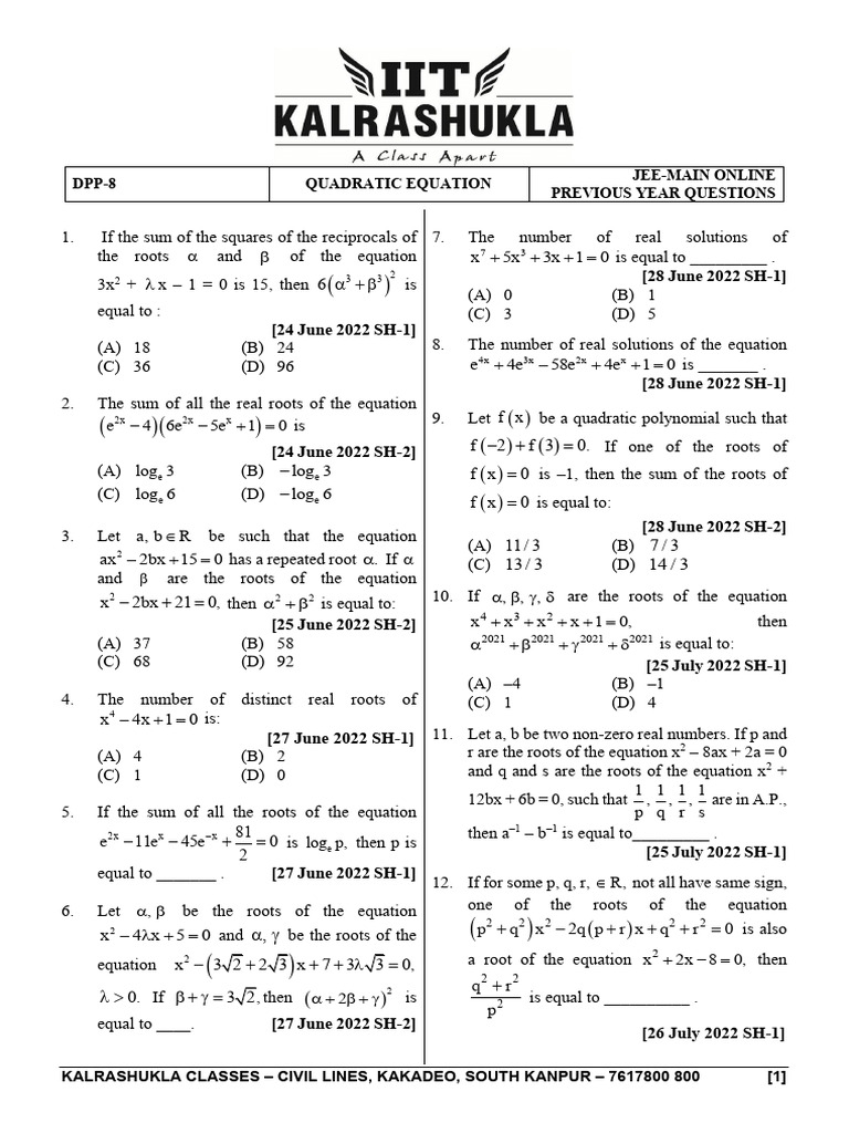 DPP-8 (-QE & Polynomials) JEE MAIN Online (2024-25) | PDF | Equations | Zero Of A Function