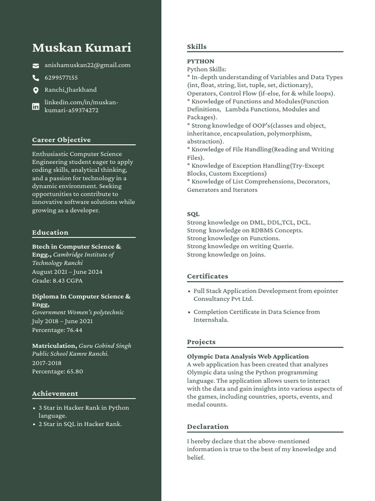Muskan Kumari FlowCV Resume 20240919 | PDF | Python (Programming Language) | Sql