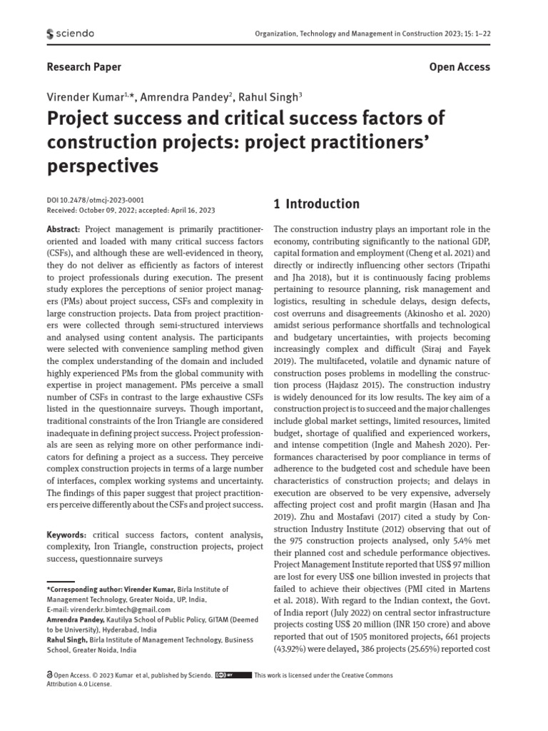 Project Success and Critical Success Factors of Construction Projects Project Practitioners ...