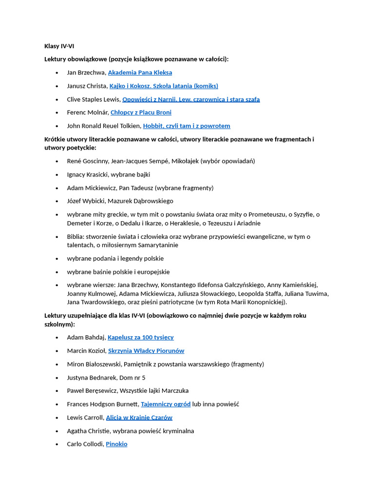 Nowa Lista Lektur W 4, 5, 6 Klasie SP | PDF