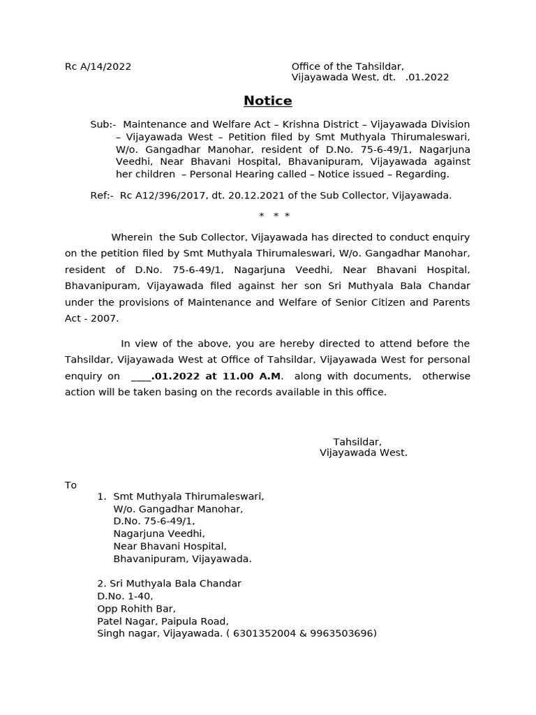 Vijayawada Senior Welfare Hearing Notice | PDF