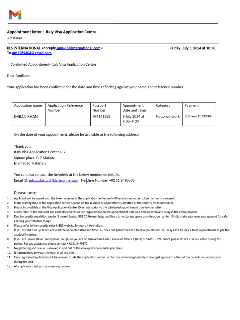 Italy Visa Appointment Confirmation | PDF | Travel Visa