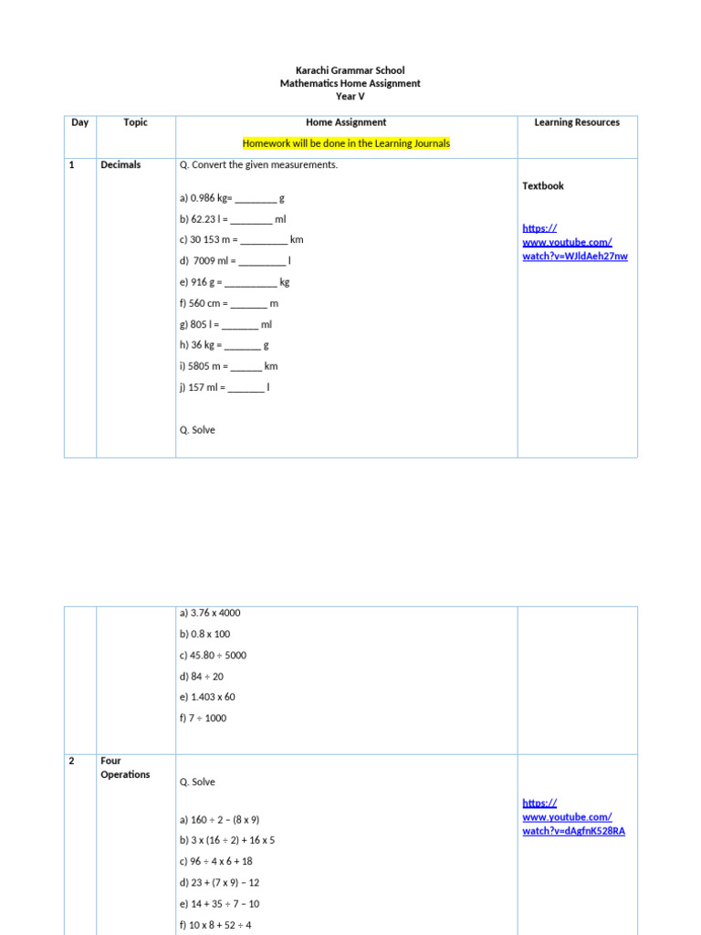 Mathematics _ Homework Pack Year V | PDF | Elementary Mathematics ...