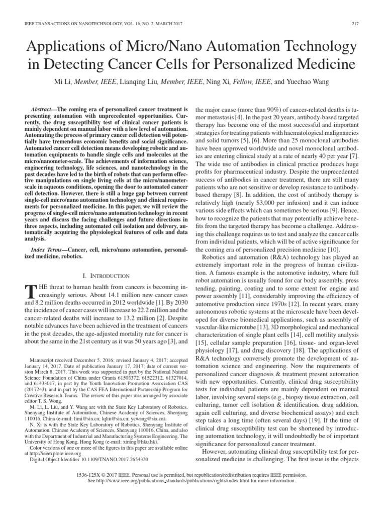 Applications of Micro Nano Automation Technology in Detecting Cancer Cells for Personalized ...