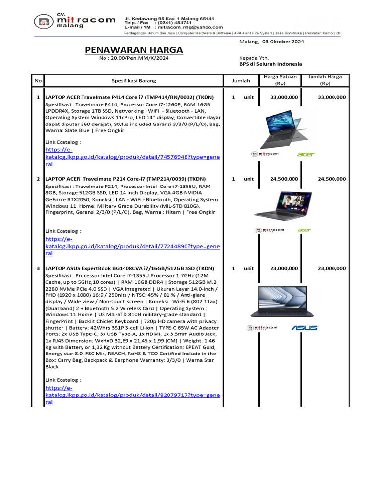 Laptop Penawaran untuk BPS Indonesia | PDF | Laptop | Computer Hardware