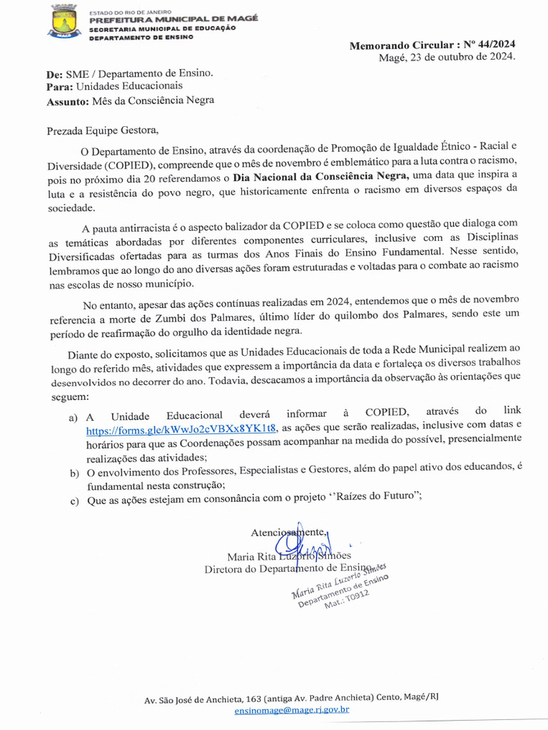Memorando Circular n.44-2024 Mês Da Copnsciência Negra. | PDF