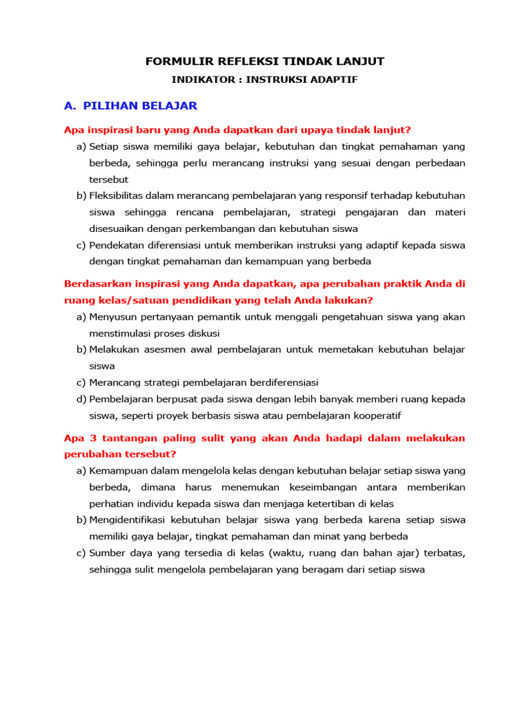 Instruksi Adaptif-Formulir Refleksi Tindak Lanjut | PDF