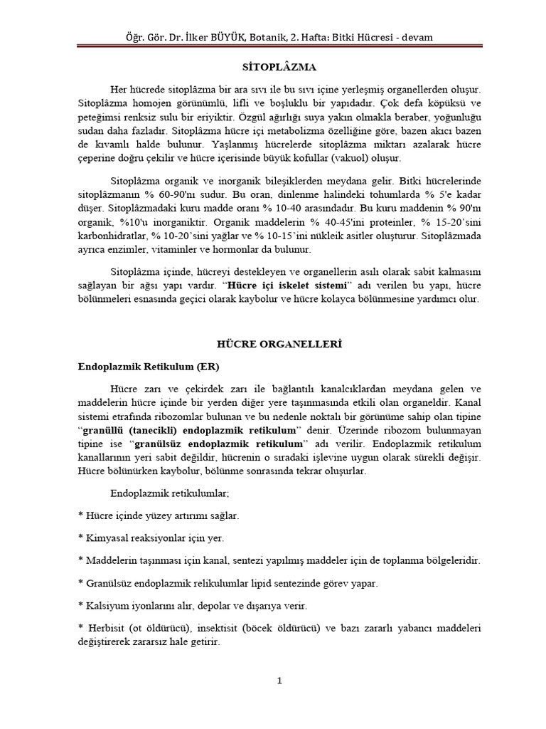 Botanik-I (2. Hafta - Bitki Håcresi - Devam) | PDF