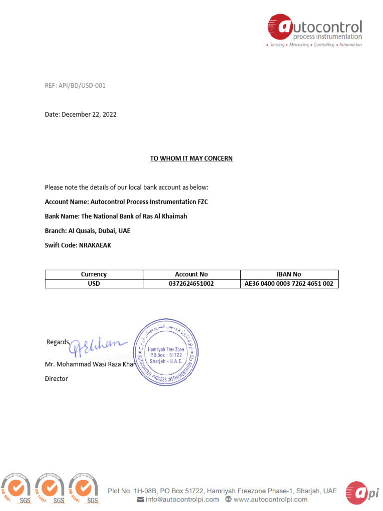 API - USD Bank Account Details | PDF