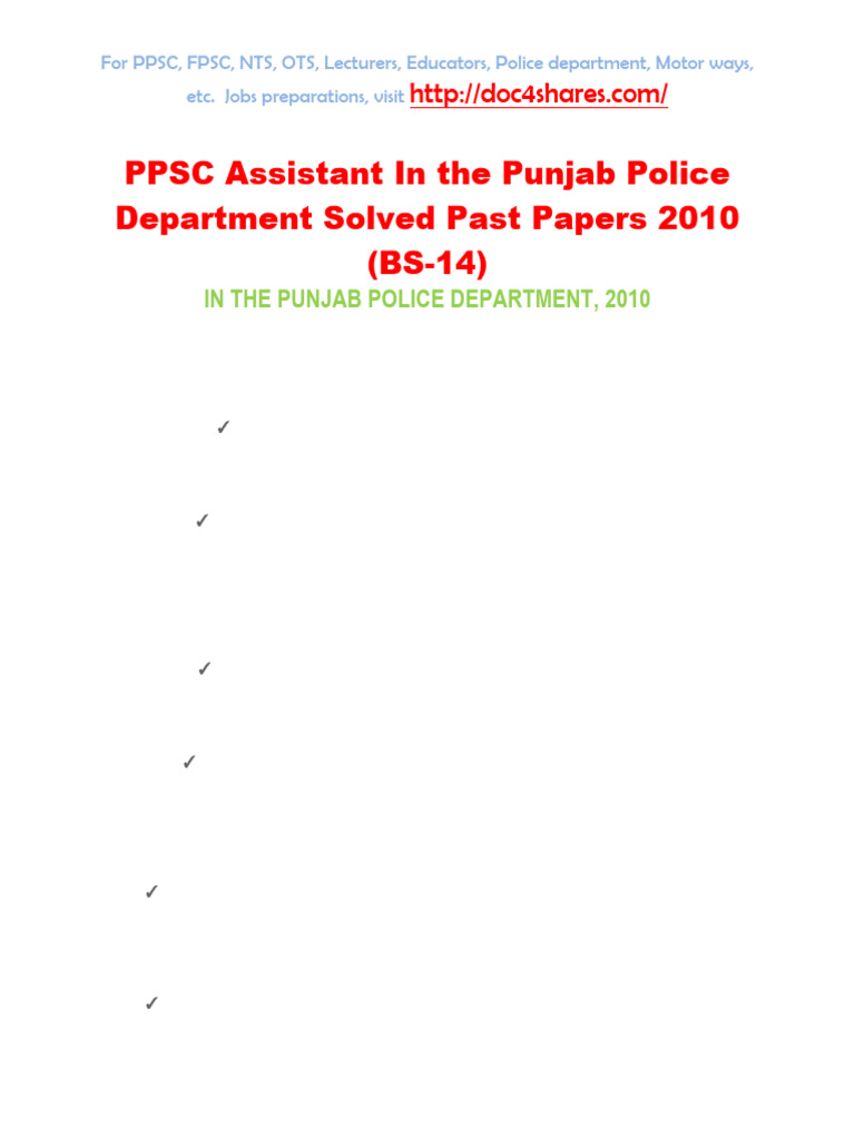 PPSC Assistant In the Punjab Police Department Solved Past Papers (BS ...
