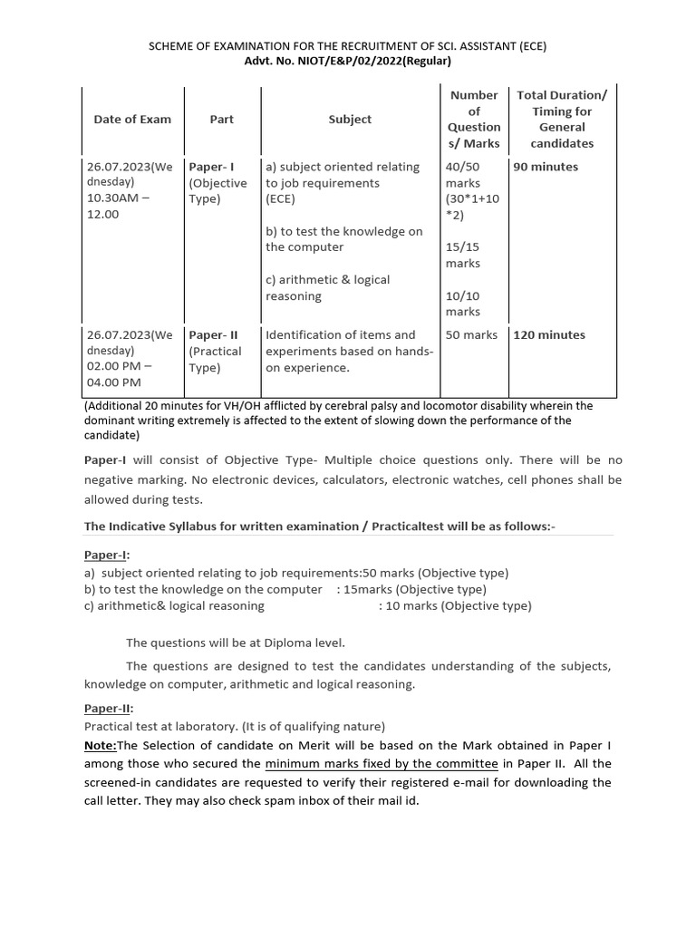 Exam Scheme for Sci. Assistant ECE 2023 | PDF