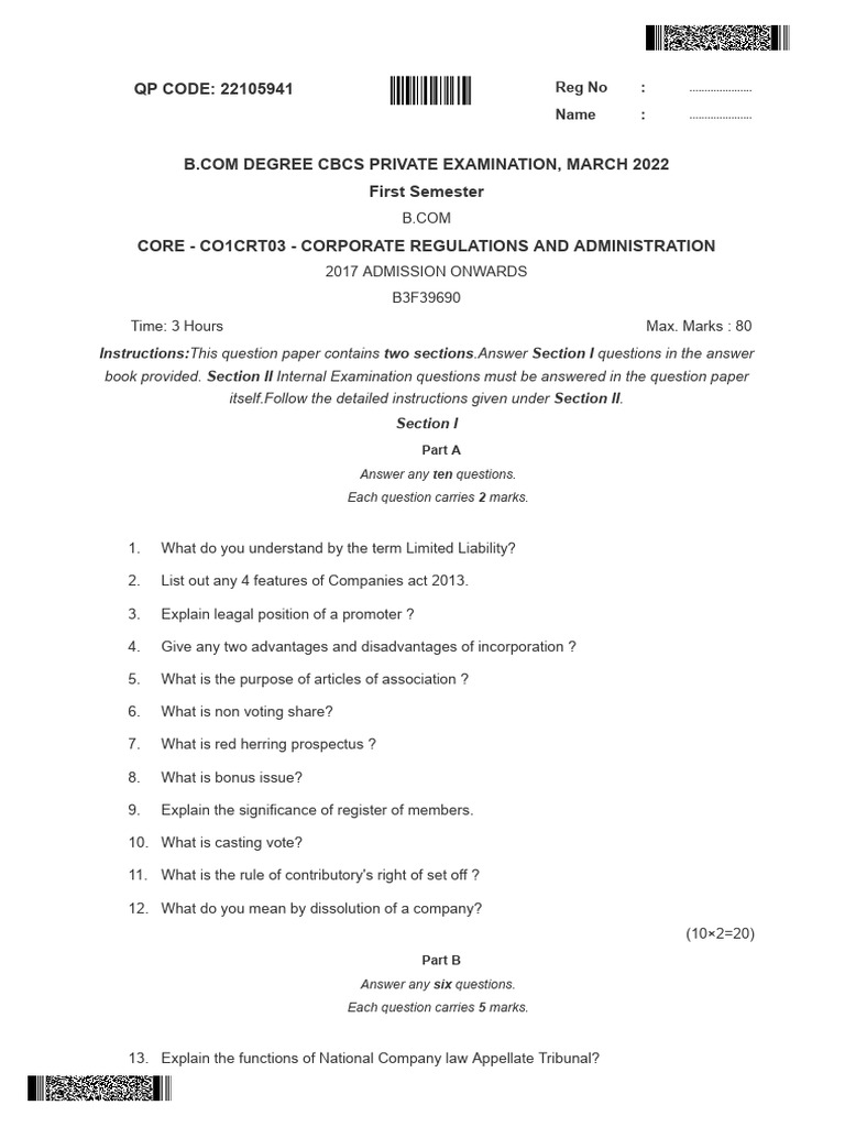 Bcom 1 Sem Corporate Regulations and Administration 22105941 Mar 2022 | PDF | Liquidation ...