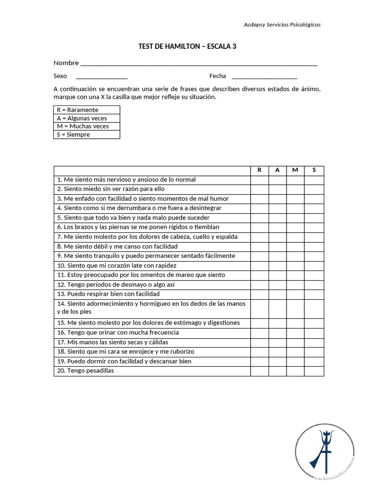 Test de Hamilton: Evaluación de Ansiedad | PDF