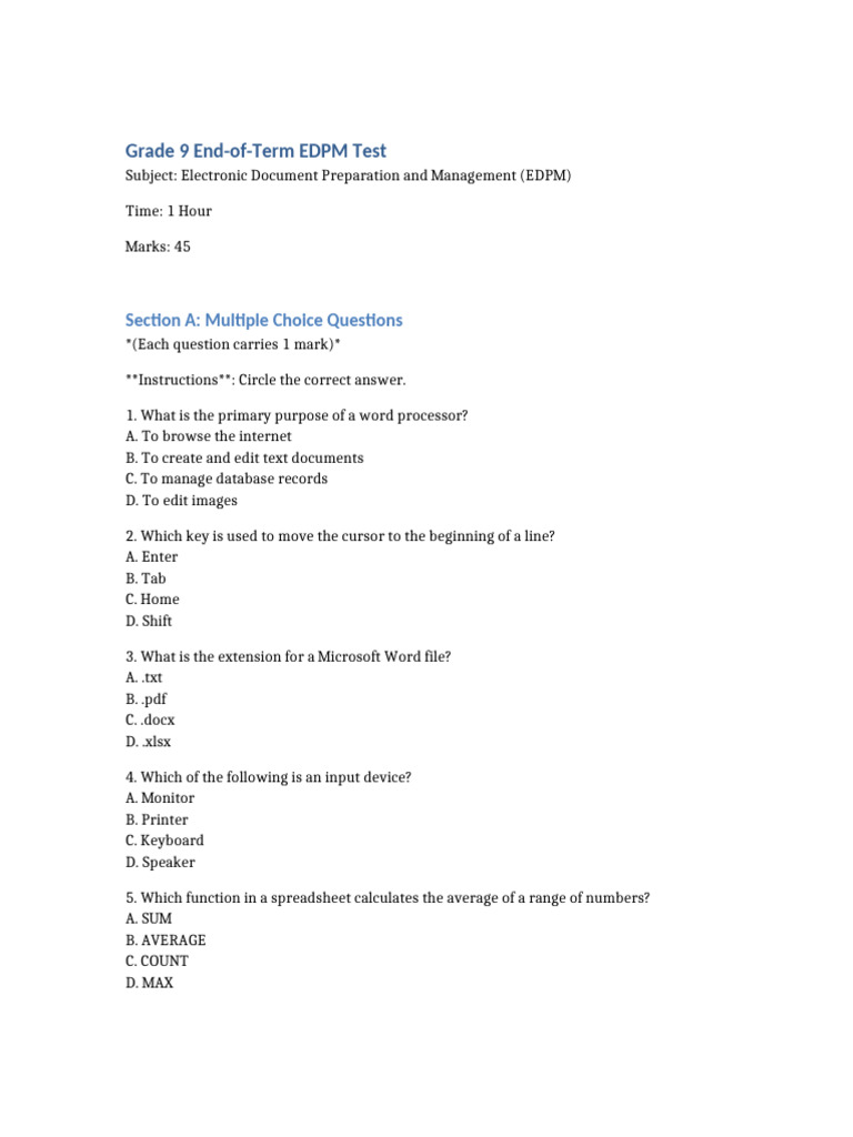 Grade 9 End of Term EDPM Test Updated | PDF | Computer Data Storage ...