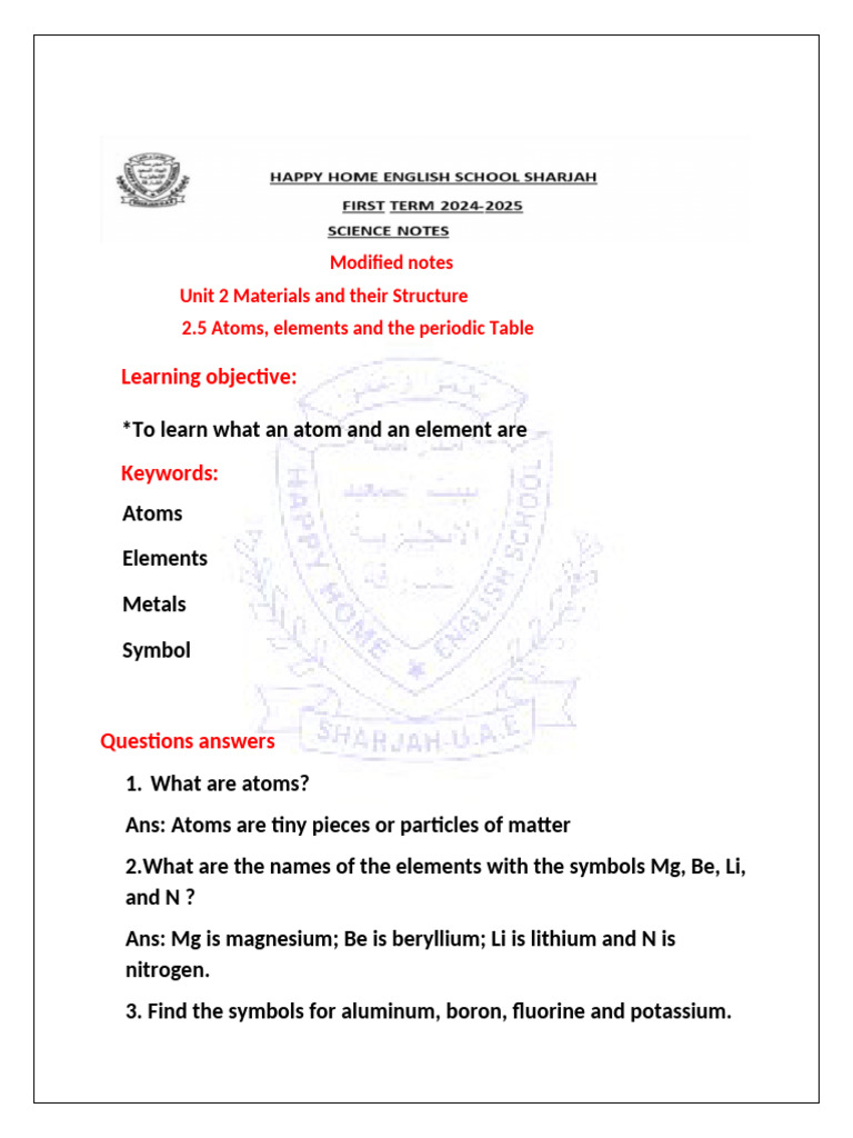 Notes 2.5 Atoms, Elements and The Periodic Table | PDF