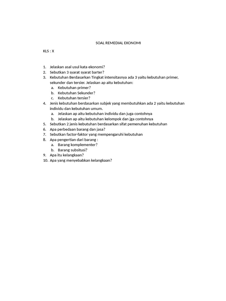 Soal Remedial Ekonomi Kls x - Copy | PDF