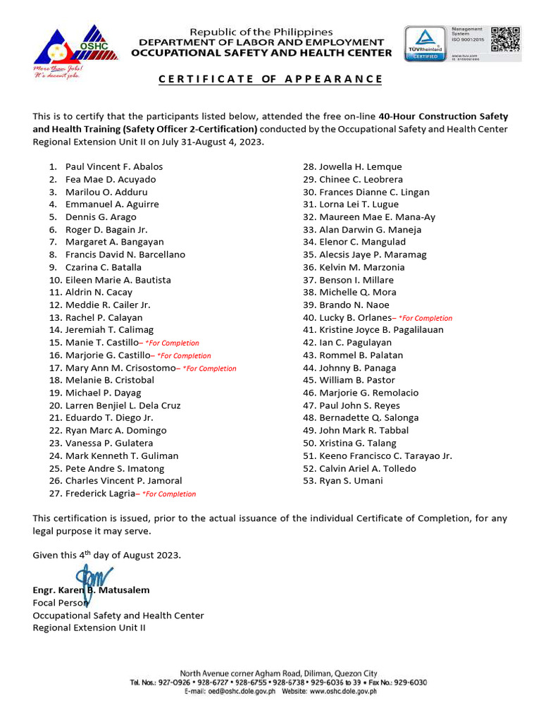 Certificate of Apperance (COSH) | PDF