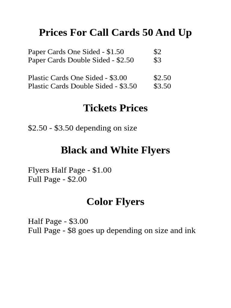 Prices For Call Cards 50 and Up | PDF