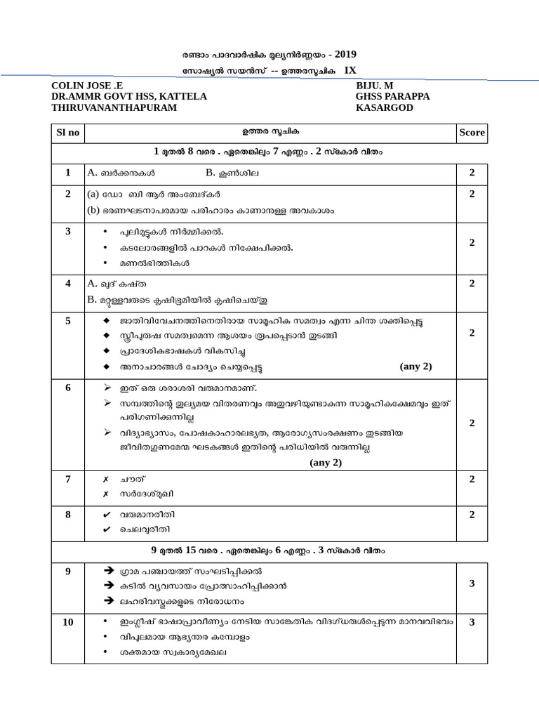 SOCIAL SCIENCE Answer Key (MM) Kerala Class 9 Second Term Christmas ...