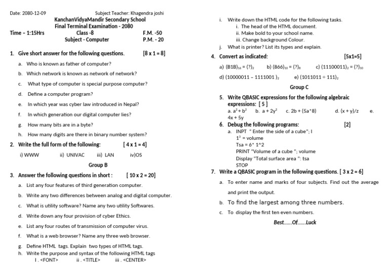 Final Class-8-Computer PAPER 2080 | PDF | Software | Computing