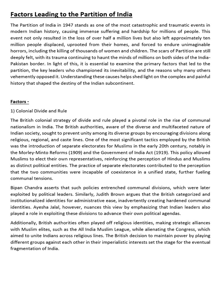 Factors Leading to the Partition of India | PDF | Partition Of India ...