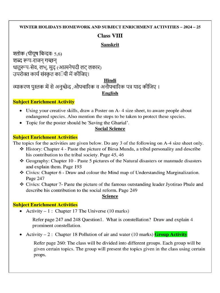 Class 8 Winter Holidays Assignment 24 | PDF