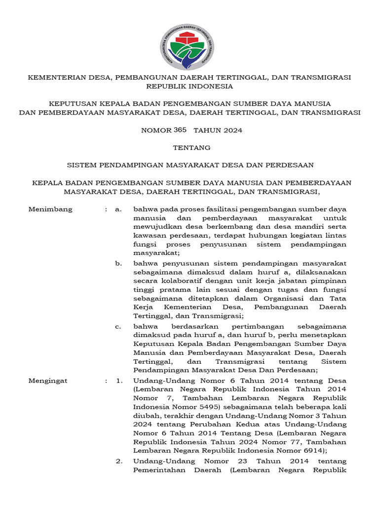 Draft SK KABPSDM TTG Sistem Pendampingan Masyarakat Desa Dan Perdesaan | PDF