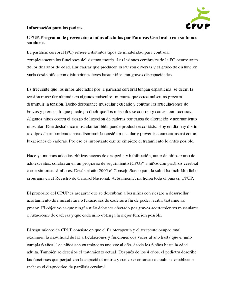 Programa CPUP para Parálisis Cerebral | PDF | Parálisis cerebral ...