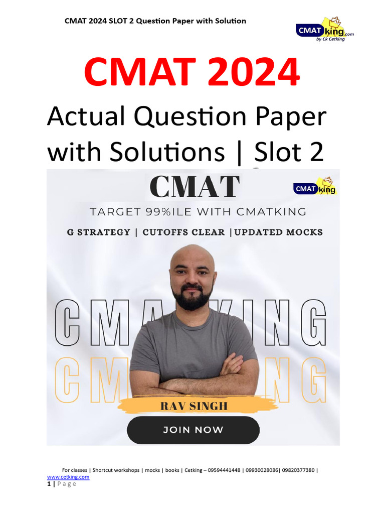 CMAT 2024 Slot 2 Question Paper With Solutions | PDF | Adjective | Verb