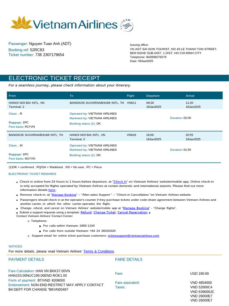 Vietnam Airlines Electronic Ticket Receipt | PDF | Airlines