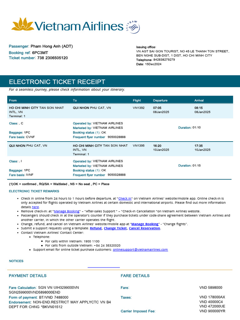 Electronic Ticket-EMD Receipt 08JAN For HONG ANH PHAM | PDF