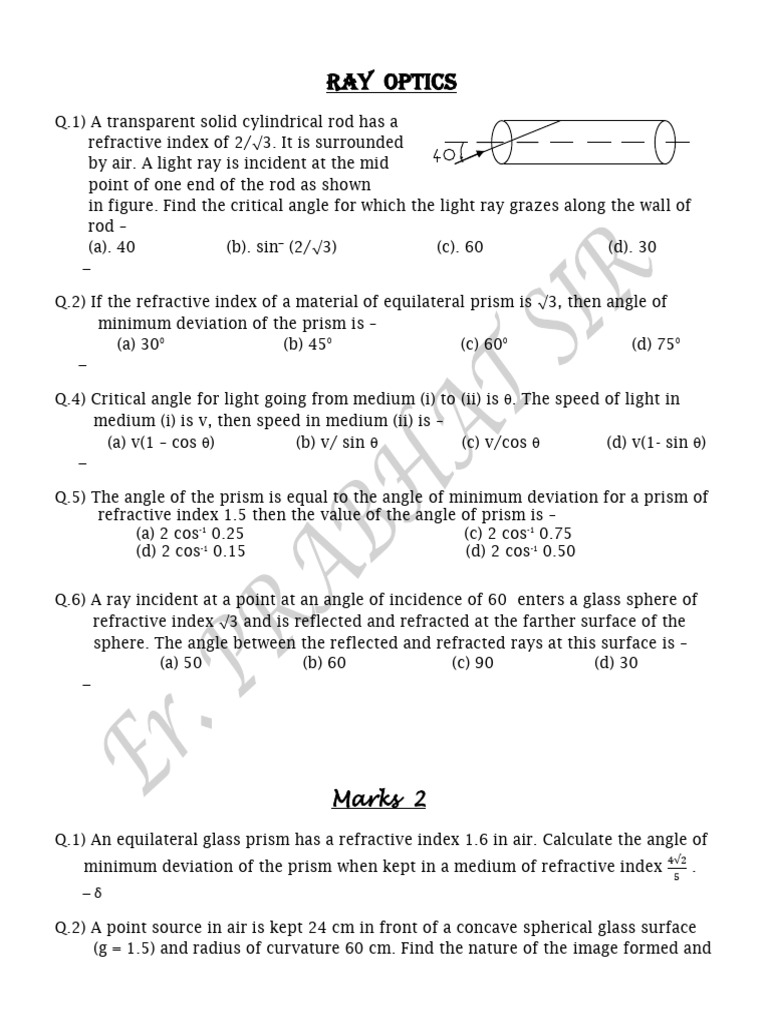 Ray Optics Numericals | PDF | Refractive Index | Refraction