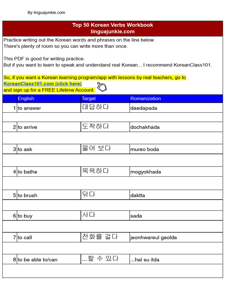 Top 50 Korean Verbs Workbook | PDF | Linguistic Typology | Language ...