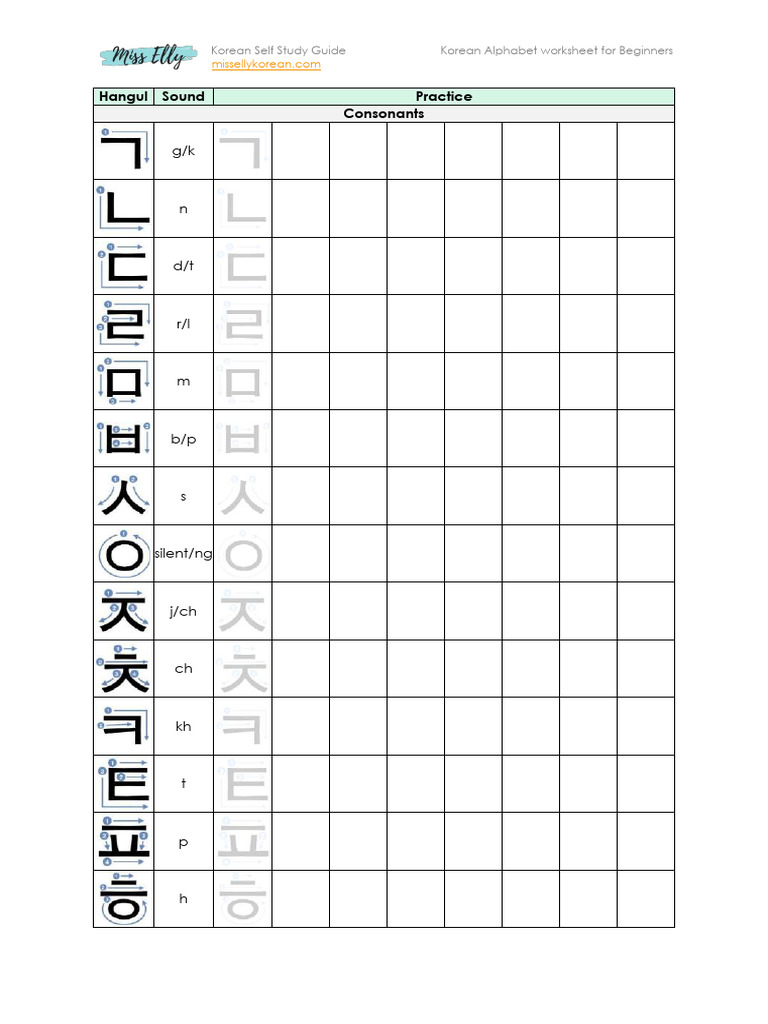 Korean Alphabet Worksheet For Beginners | PDF