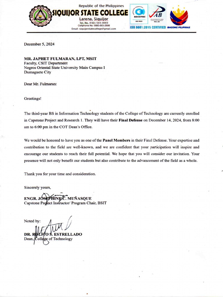 Request Letter As External Panel Member For Capstone Project and Research 1 - Final Defense | PDF