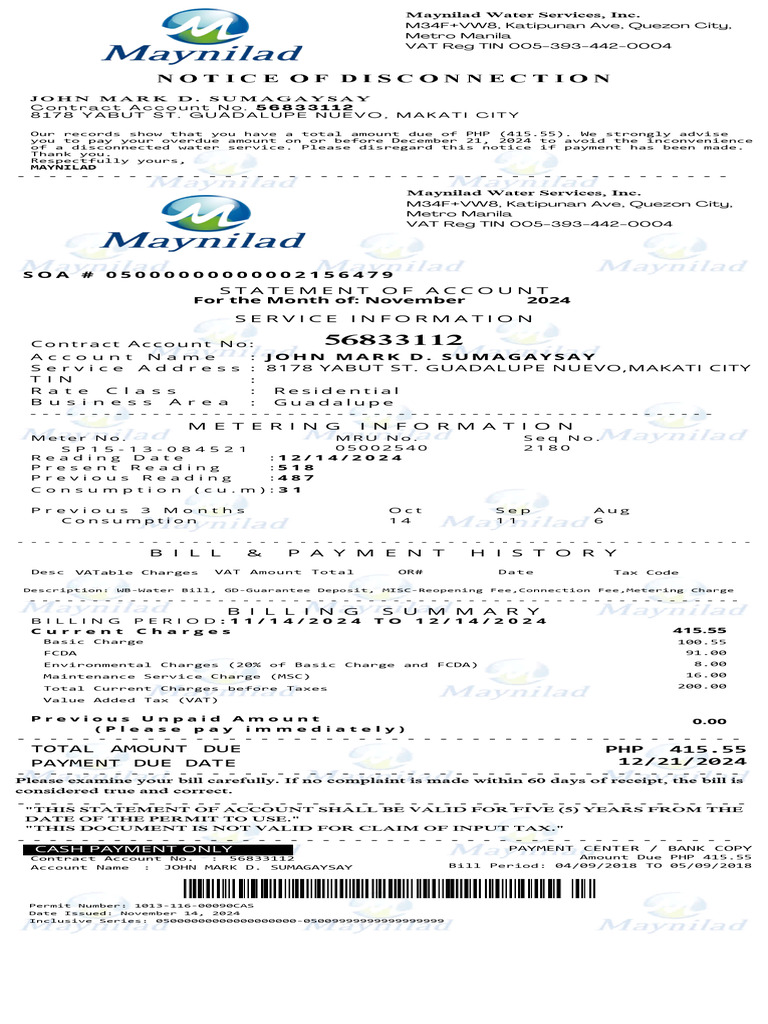 Maynilad Bill - 20250109 - 183606 - 0000 | PDF | Value Added Tax | Taxes