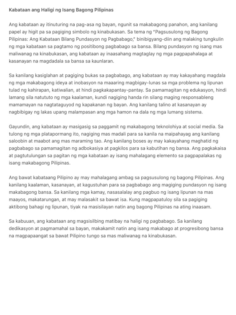 Kabataan Ang Haligi NG Isang Bagong Pilipinas | PDF