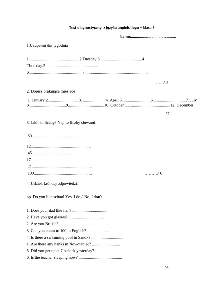 Test Diagnostyczny Z Języka Angielskiego | PDF