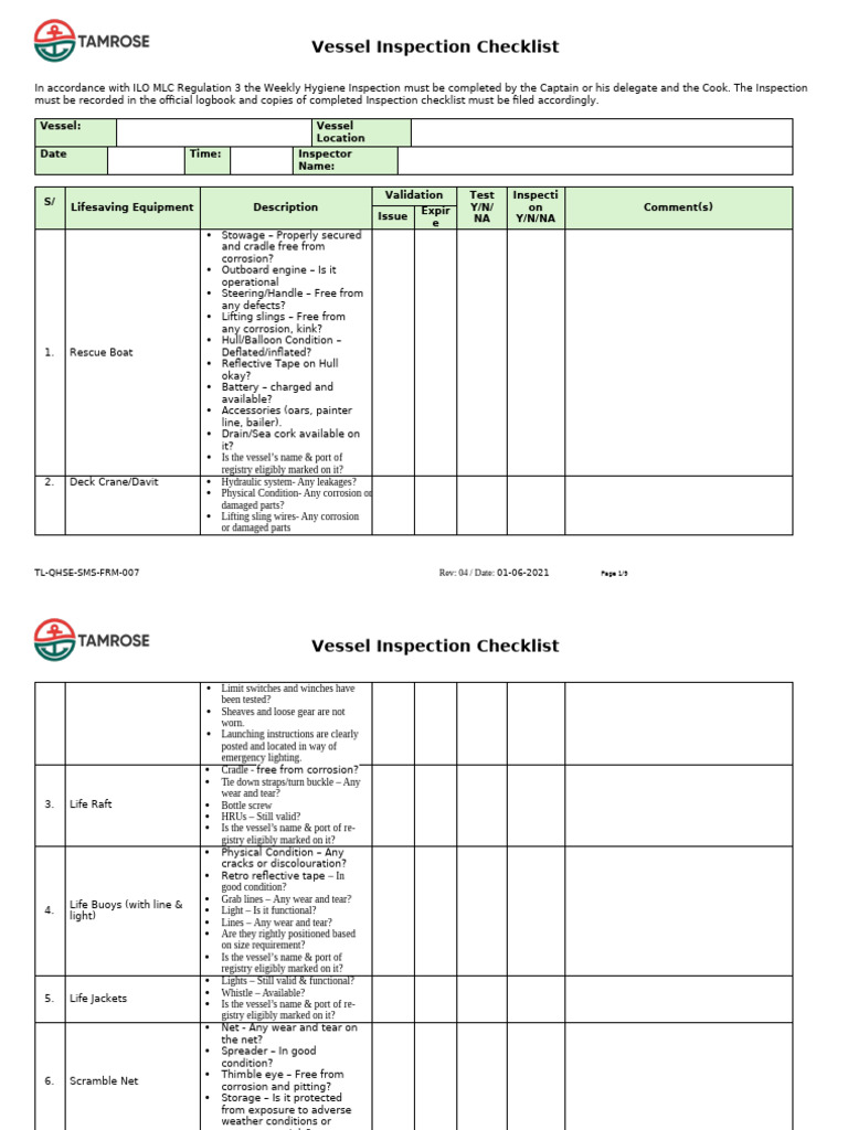 Proposed Vessel Inspection Checklist | PDF