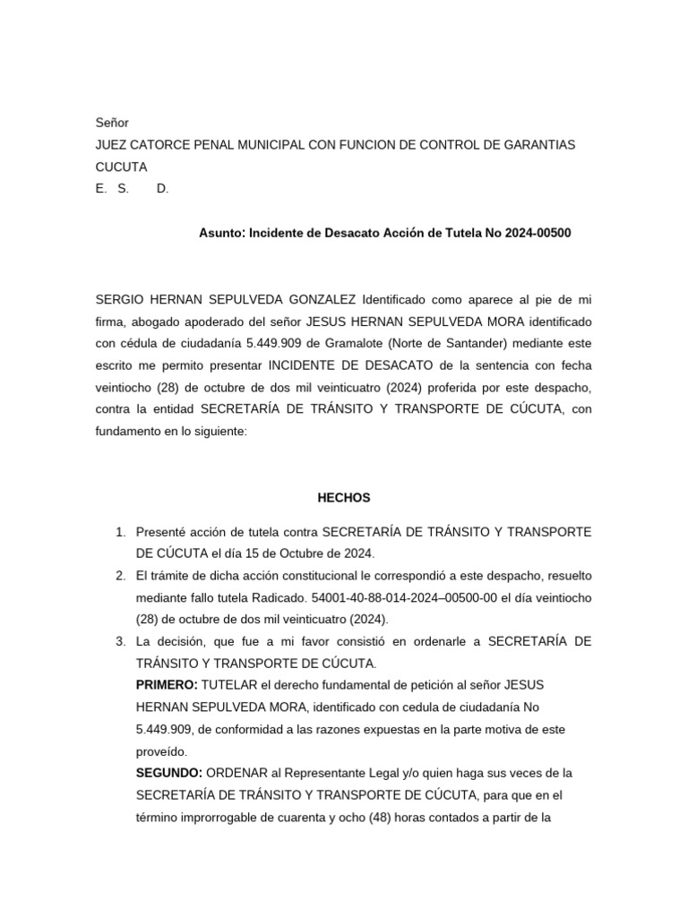 Incidente de Desacato en Acción de Tutela | PDF | Sentencia (ley ...