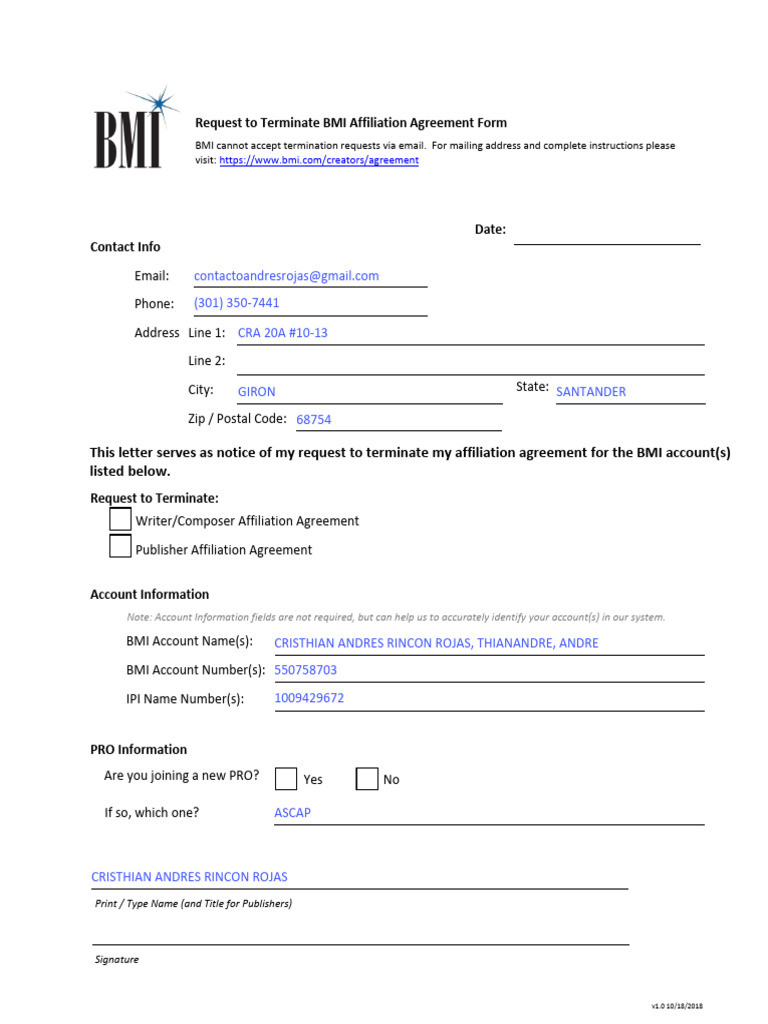 Terminate BMI Affiliation Request Form | PDF
