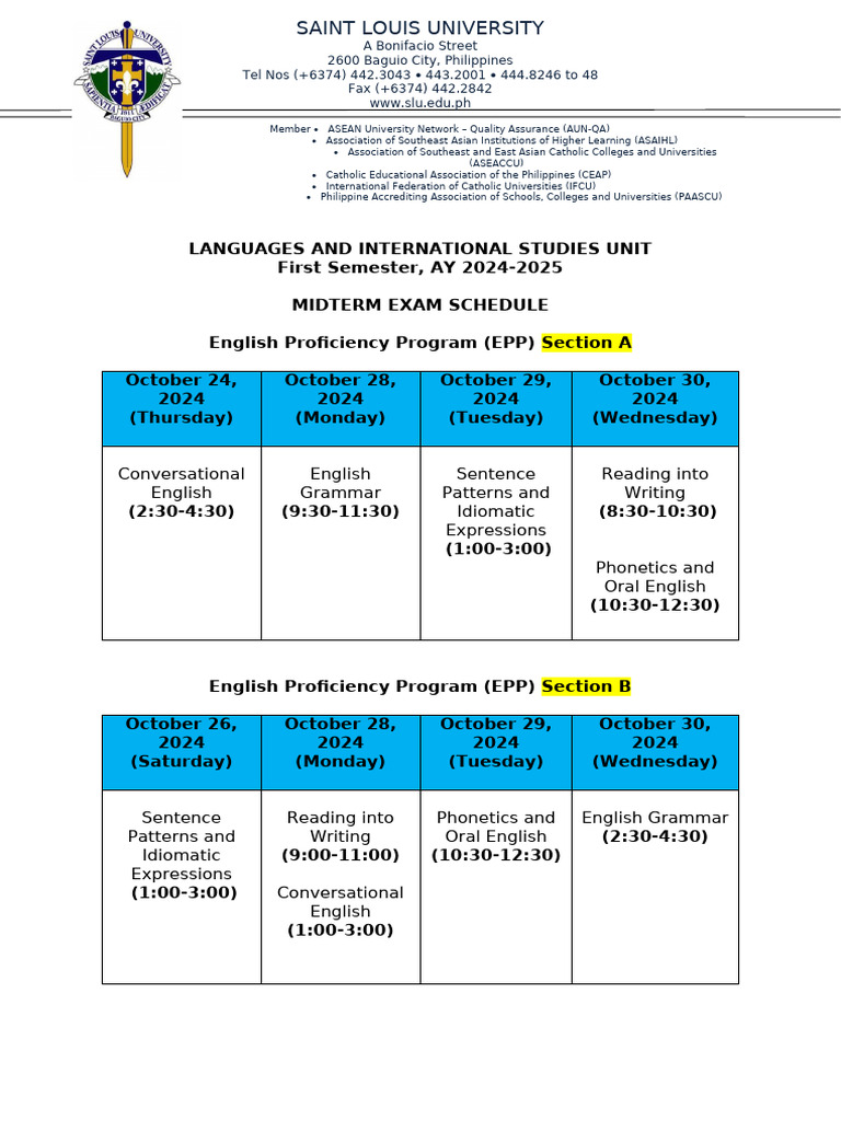 Midterm Exam Schedule Epp Section A B | PDF | English Language | Human Communication