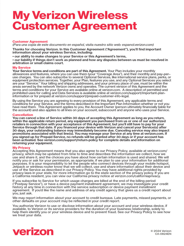 Verizon Wireless Customer Agreement