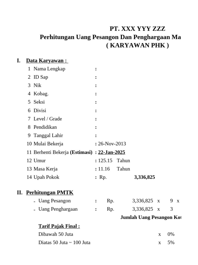 Form Perhitungan Pesangon | PDF