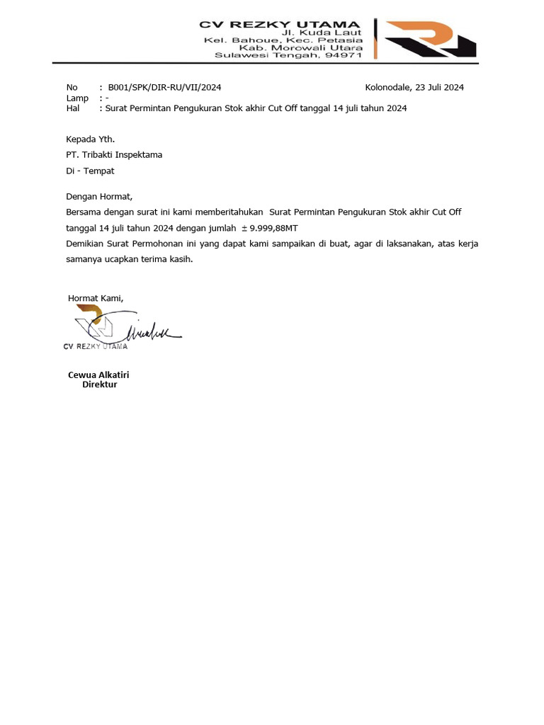 Surat Permohonan Pengukuran Stok Akhir Cut Off Tanggal 14 Juli 2024 Ru ...