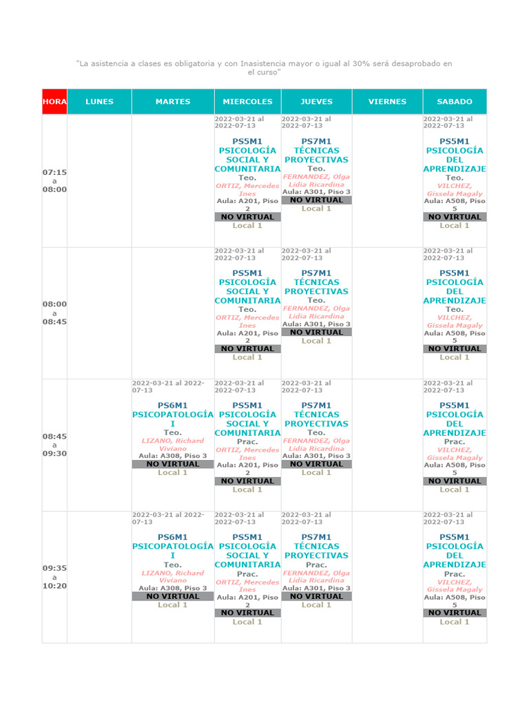 Horario Peru - Colombia 2022 | PDF | Salud mental | Sicología