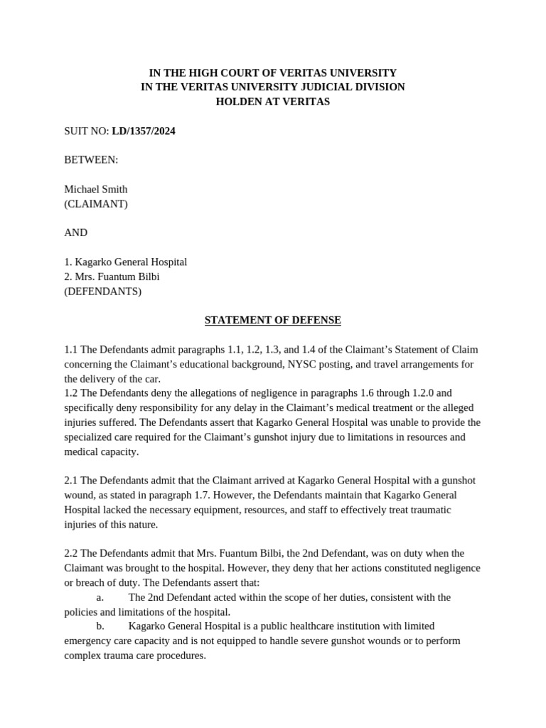 Statement of Defense Group 2-1 | PDF | Hospital | Negligence