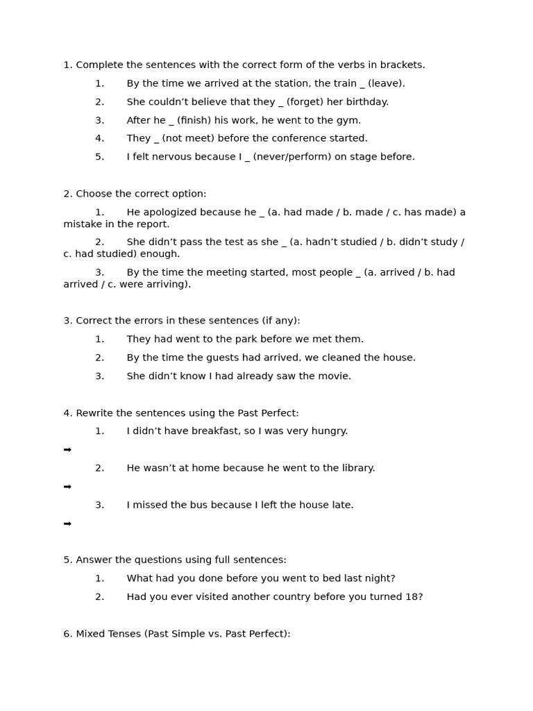 past perfect test | PDF